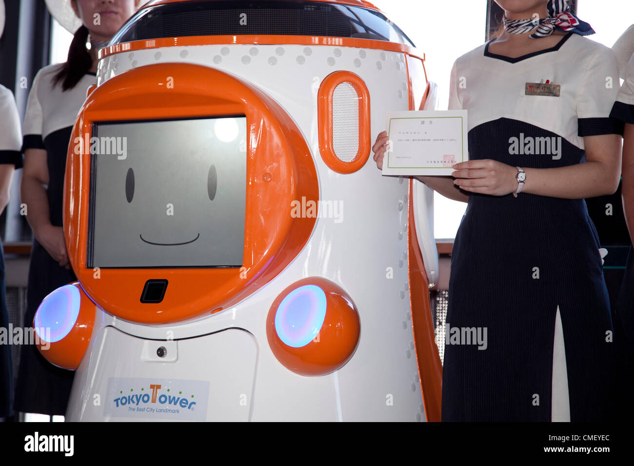 August 01 2012, Tokyo, Japan - The new robot guide "Tawabo" shows its ...