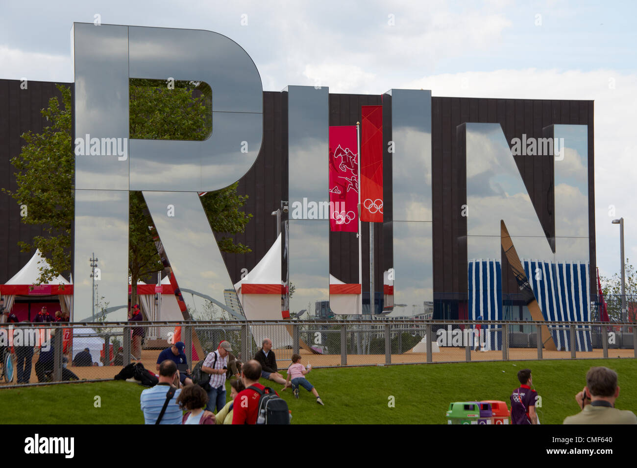 RUN sign outside Copper Box on a sunny day at Olympic Park, London 2012 ...