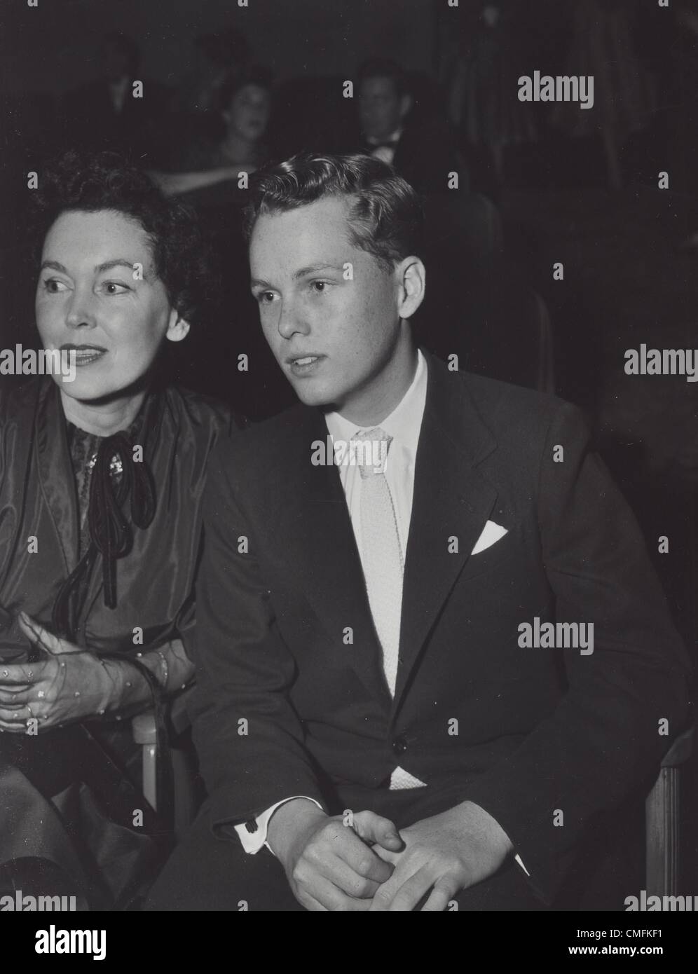 MAUREEN O'SULLIVAN with her son Michael Farrow at a theatrical first ...
