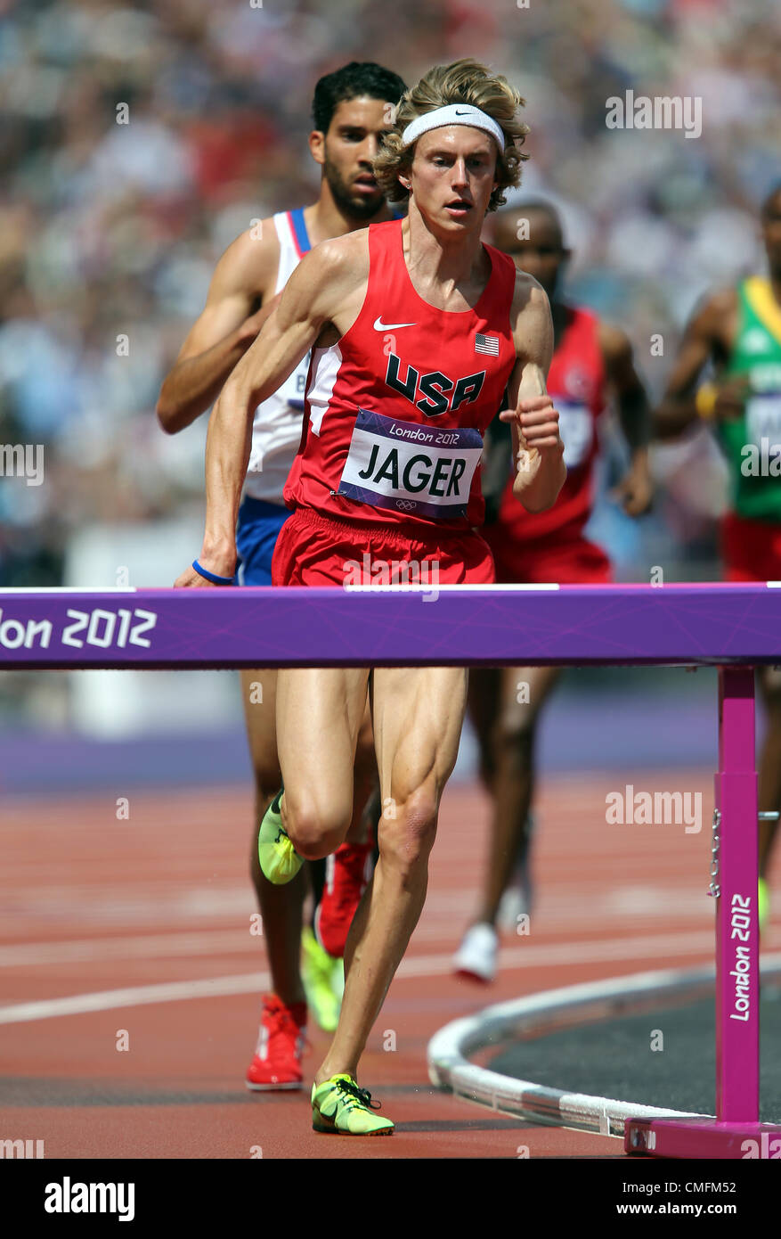 EVAN JAGER OF USA COMPETES IN THE MENS 3000M STEEPLECHASE AT THE LONDON ...