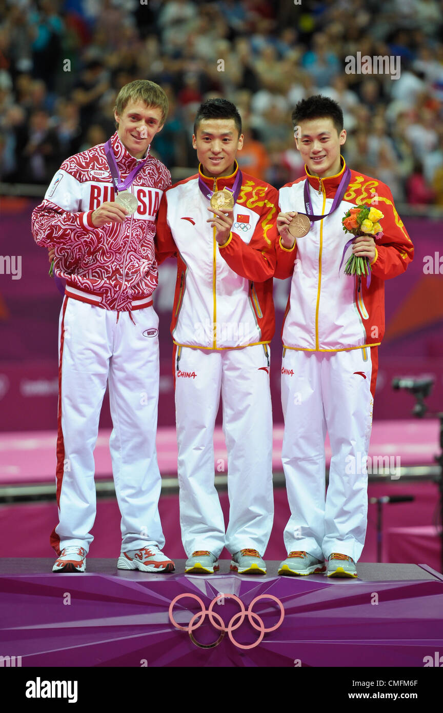 London 2012. Mens Trampoline Finals 3.8.12 North Greenwich Arena . Winners L t R Chunlong Lu ...