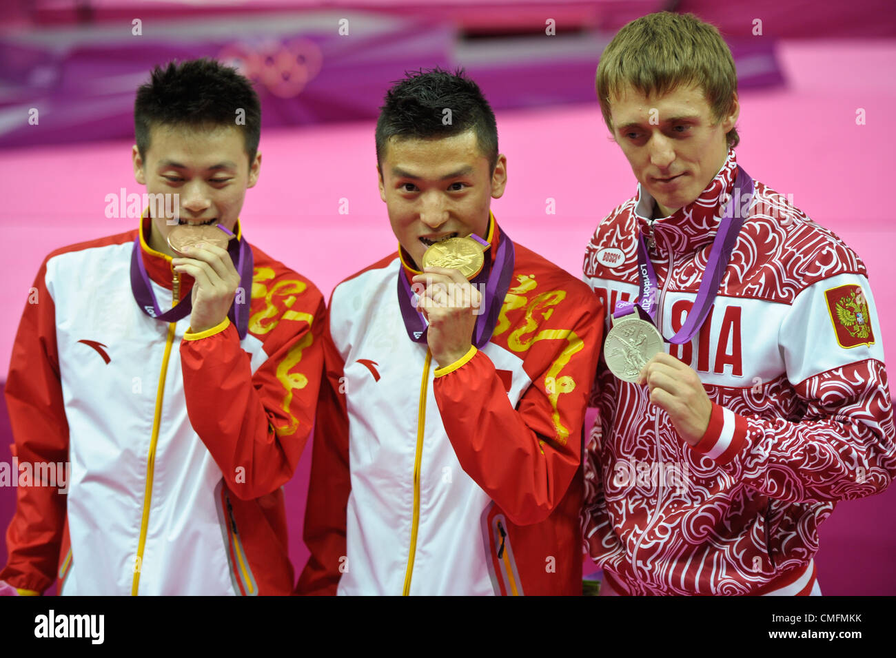 03.08.2012. London, England. Mens Trampoline Finals North Greenwich Arena . Winners L t R ...