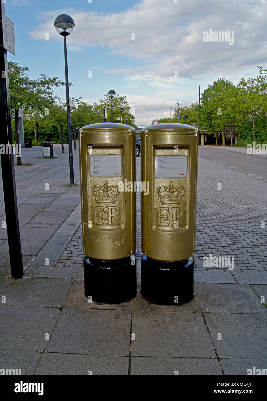 Milton Keynes 5/08/12 Silbury Boulevard Two post boxes painted gold in ...