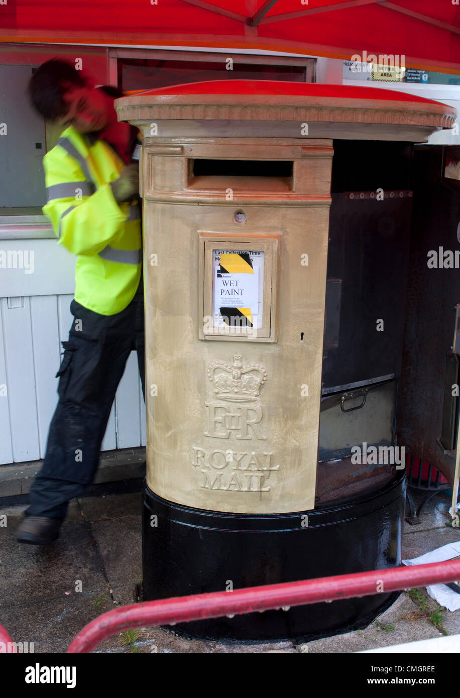 8th Aug 2012. Postbox painted gold commemorating Nick Skelton`s ...