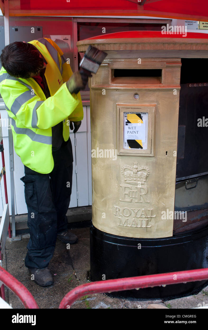 8th Aug 2012. Postbox painted gold commemorating Nick Skelton`s ...