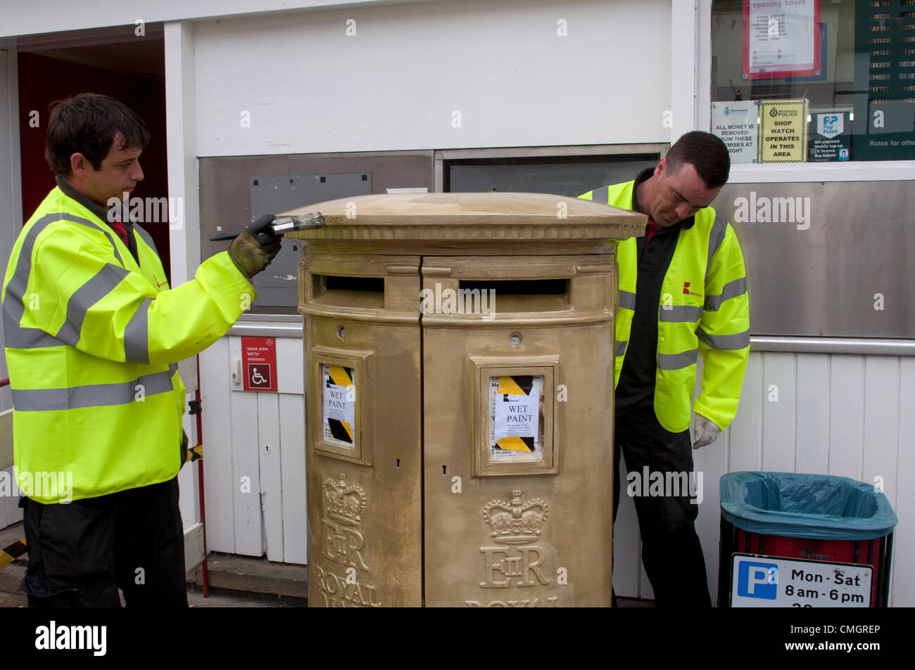 8th Aug 2012. Postbox painted gold commemorating Nick Skelton`s ...