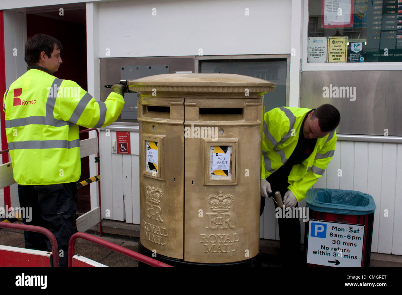 8th Aug 2012. Postbox painted gold commemorating Nick Skelton`s ...