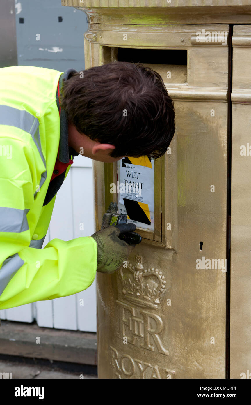 8th Aug 2012. Postbox painted gold commemorating Nick Skelton`s ...