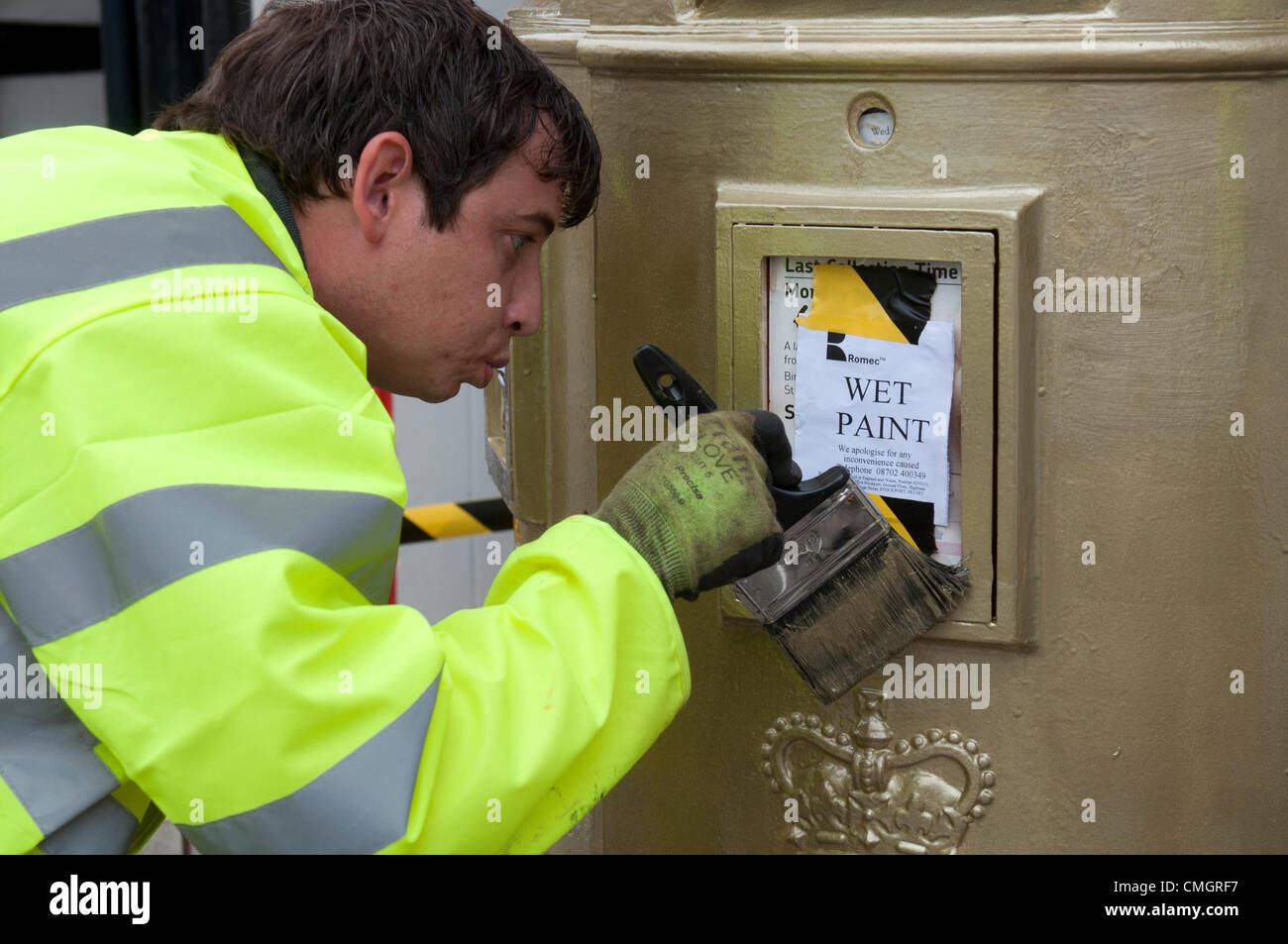 8th Aug 2012. Postbox painted gold commemorating Nick Skelton`s ...