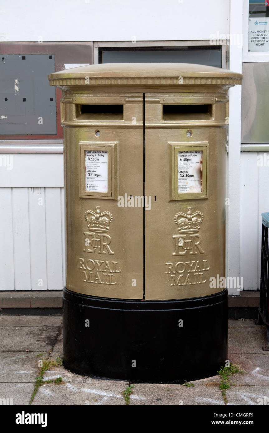 8th Aug 2012. Postbox painted gold commemorating Nick Skelton`s ...