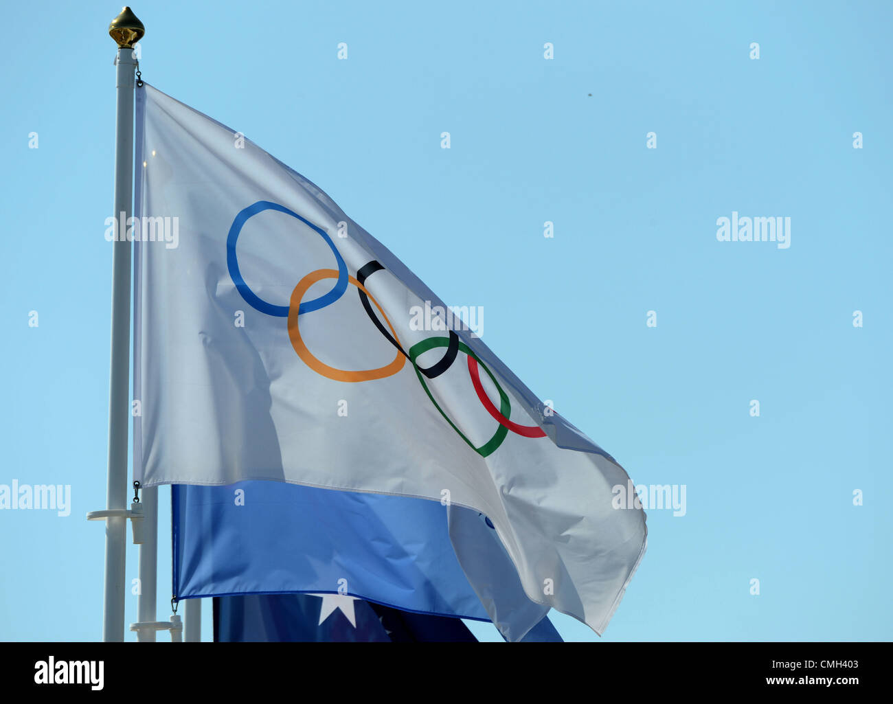 Olympic flag flying alongside flags of the competing nations, 2012 ...