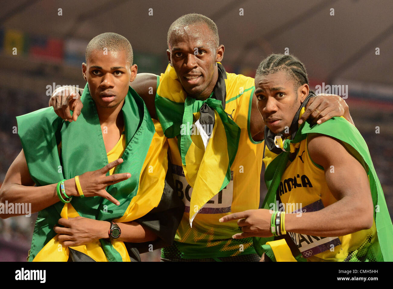 LONDON, ENGLAND - AUGUST 9, Warren Weir, Usain Bolt and Yohan Blake of ...