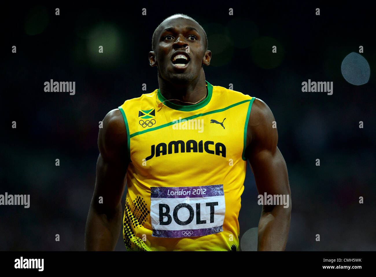 09.08.2012 London, England. Jamaicas Usain Bolt (JAM) wins Gold in the Mens 200m Final ahead of ...