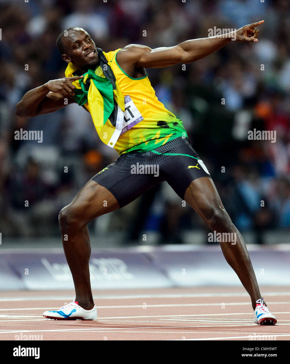 09.08.2012 London, England. Jamaicas Usain Bolt (JAM) wins Gold in the Mens 200m Final ahead of ...