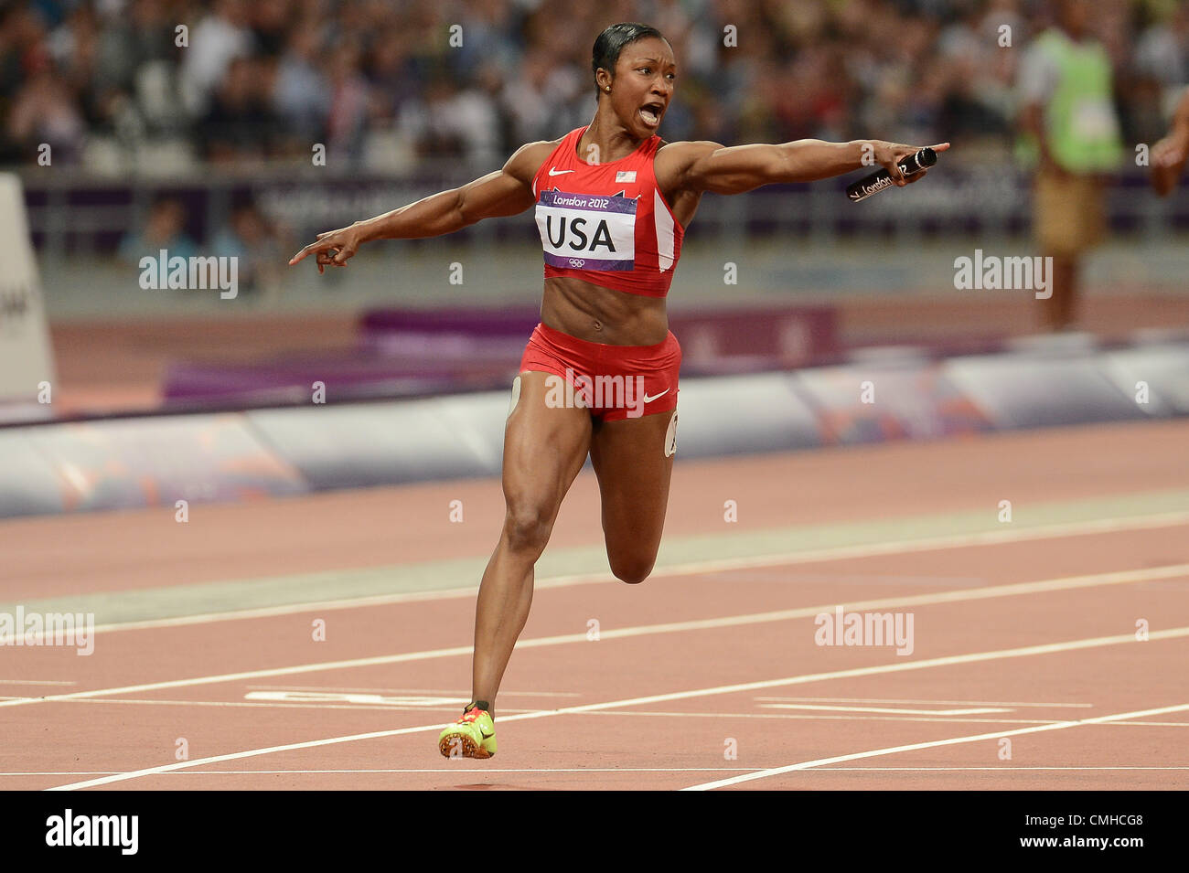 10th Aug 2012. LONDON, ENGLAND - AUGUST 10, Carmelita Jeter anchors the ...