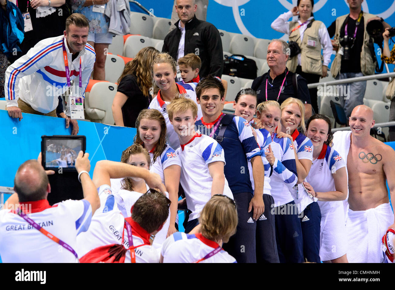 11.08.2012. London, England. Team GB divers pose with David Beckham in ...