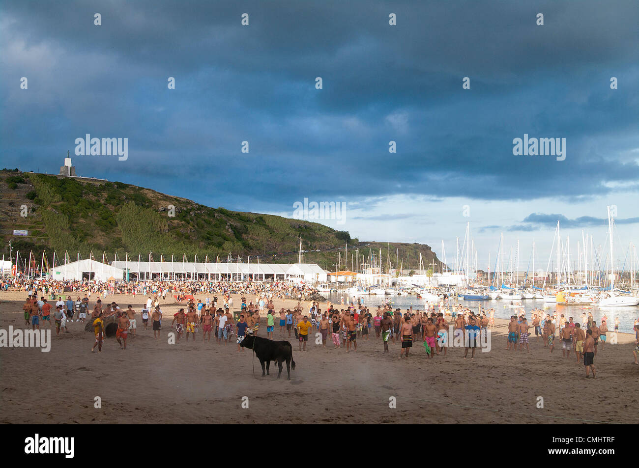 11th Aug 2012. Bullfight at the sand beach in Praia da Vitória city ...