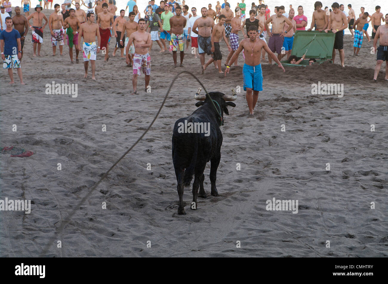 11th Aug 2012. Bullfight at the sand beach in Praia da Vitória city ...