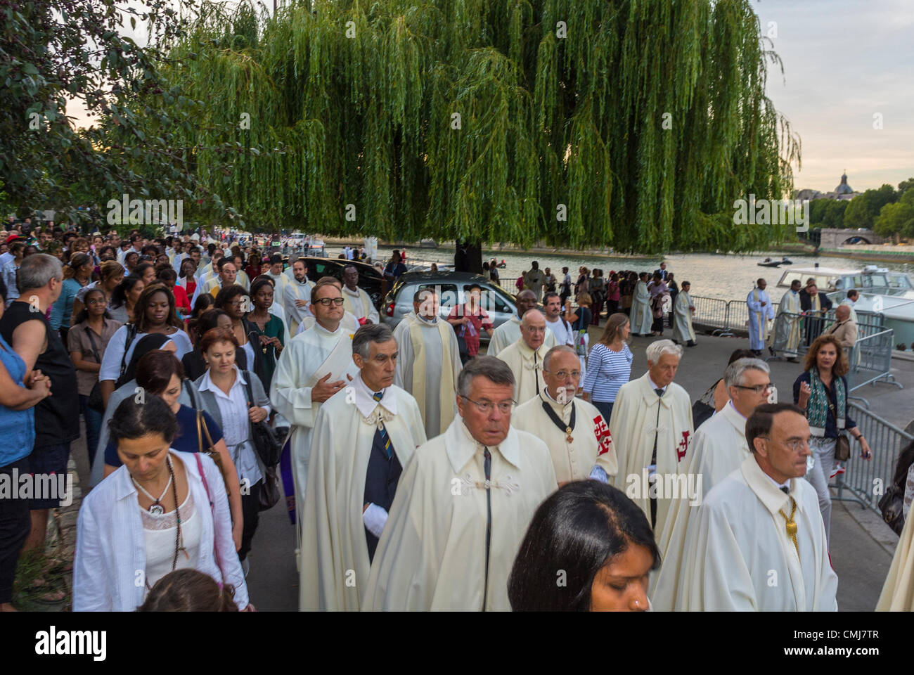 Paris, France, Large Crowd people, Front, Marching, Christian Pilgrims ...