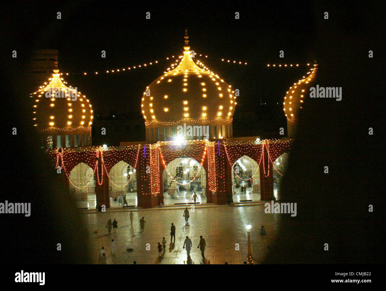 Beautiful illuminated view of Memon mosque decorated with lights on the ...