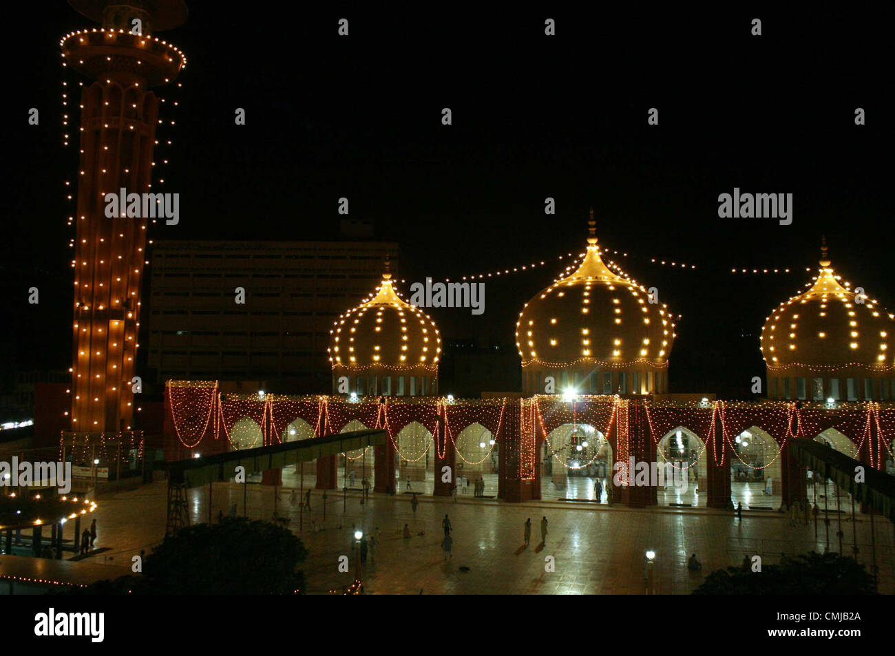 Beautiful illuminated view of Memon mosque decorated with lights on the ...