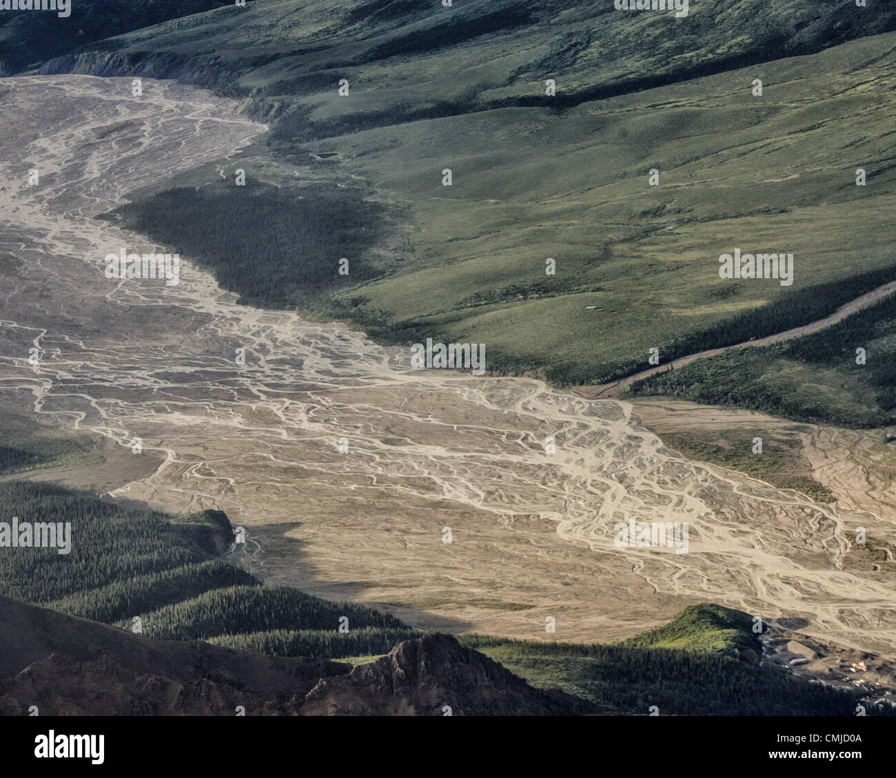 June 26, 2012 - Alaska, US - An aerial view of braided meltwater ...