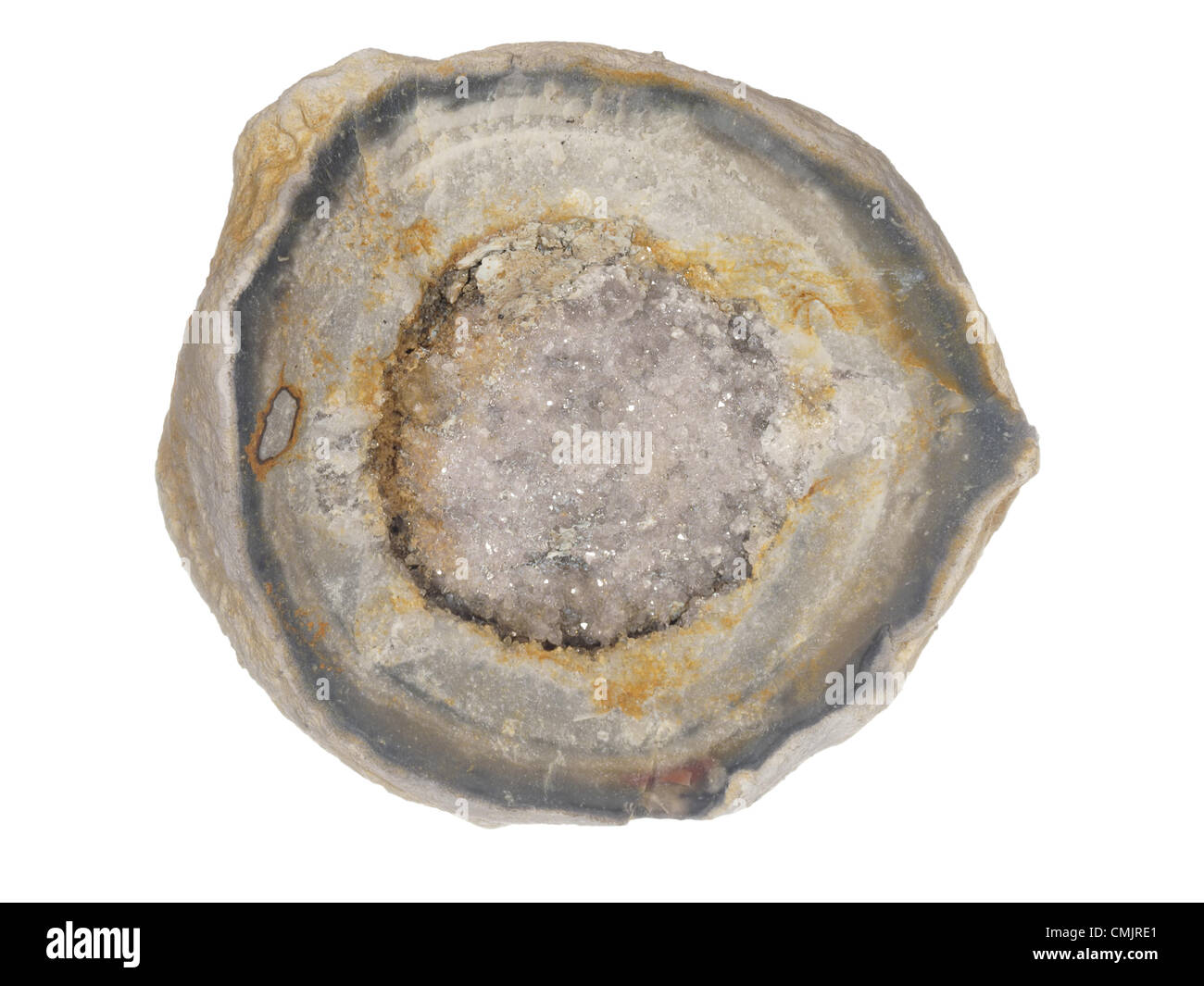 chopped stone with a cavity filled with crystals inside, isolated on ...