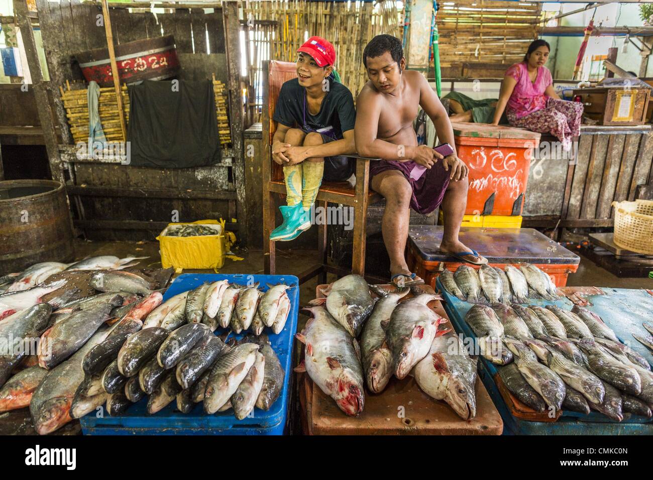 June 13, 2013 - Yangon, Union of Myanmar - Fish sellers in the Annawa ...