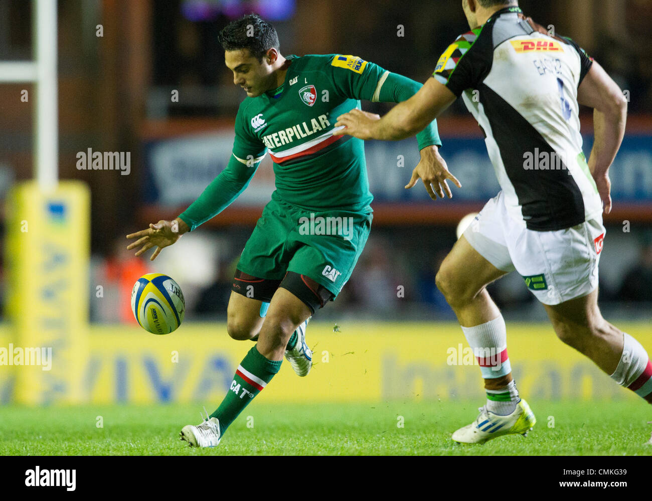 Leicester, UK. 2nd November 2013. Dan Bowden of Leicester Tigers kicks ...