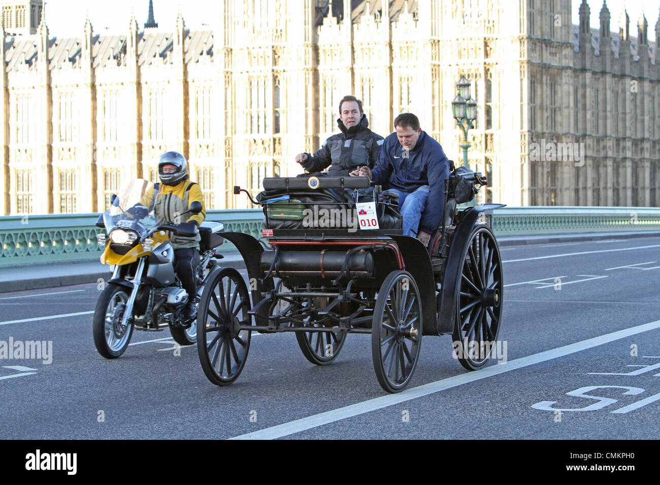 London,UK,3rd November 2013,A 1898 Benz car on Westminster Bridge ...