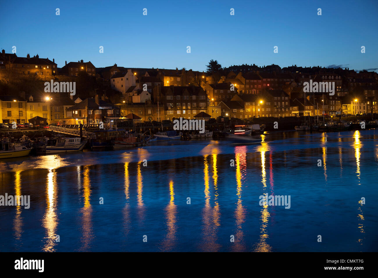 Whitby harbour docks and houses at night, Yorkshire, UK 2nd October ...