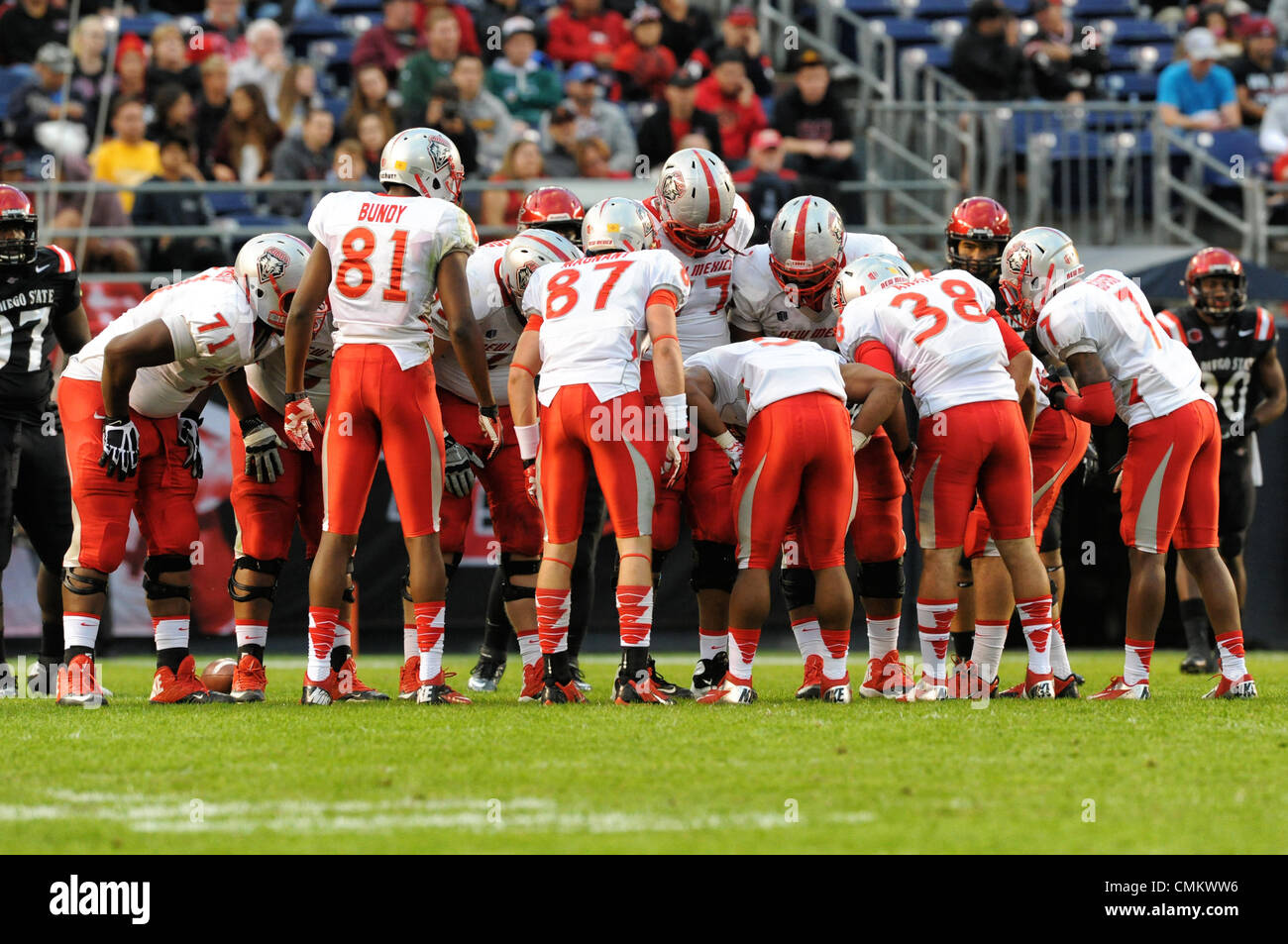 San Diego, CA, USA. 2nd Nov, 2013. New Mexico Lobos offense huddles up ...
