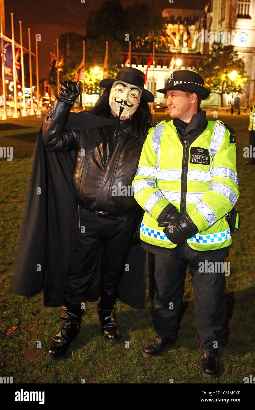 London, UK. 5th November 2013. Protestor in an Anonymous Mask with ...