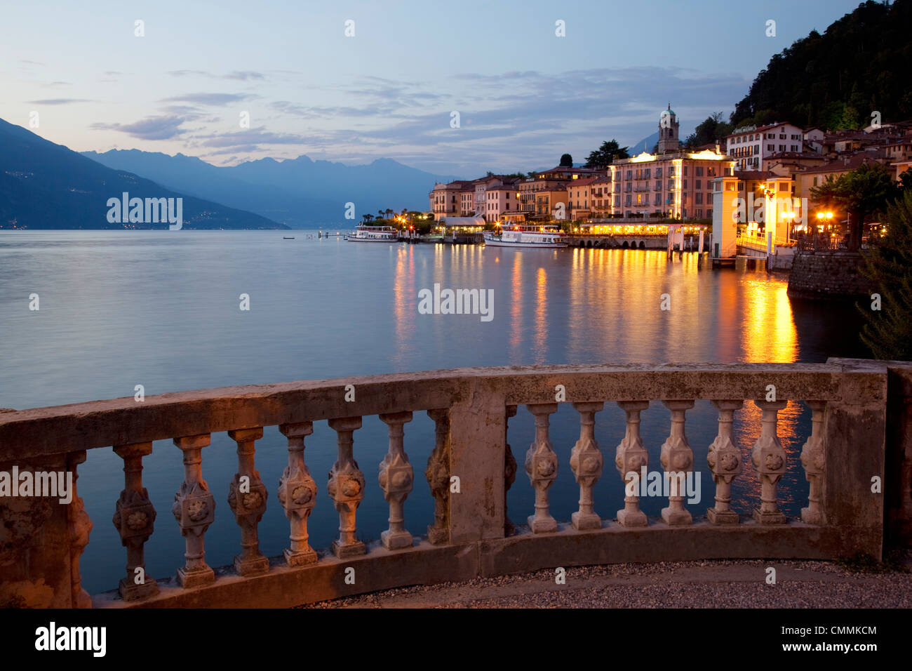 Promenade and lake at dusk, Bellagio, Lake Como, Lombardy, Italian ...
