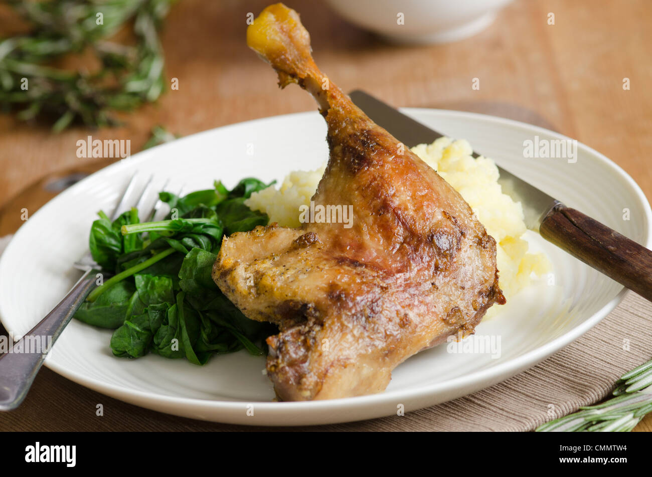 Duck with spinach and mashed potatoes Stock Photo - Alamy