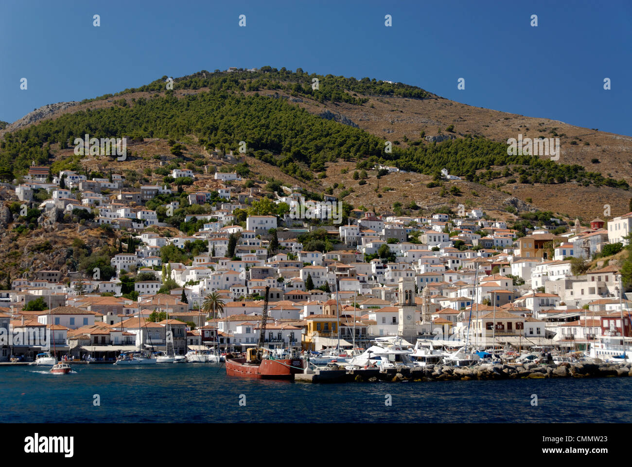 Hydra. Greece. View of the beautiful harbour of Hydra town on the Greek ...