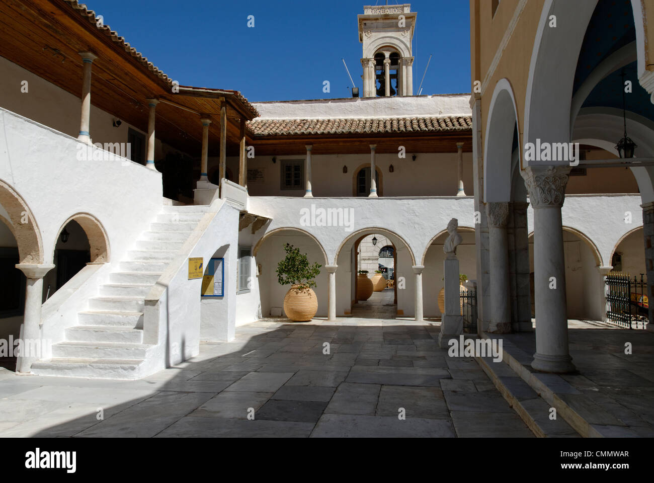 Hydra. Greece. View of pillared marble courtyard of the Monastery of ...