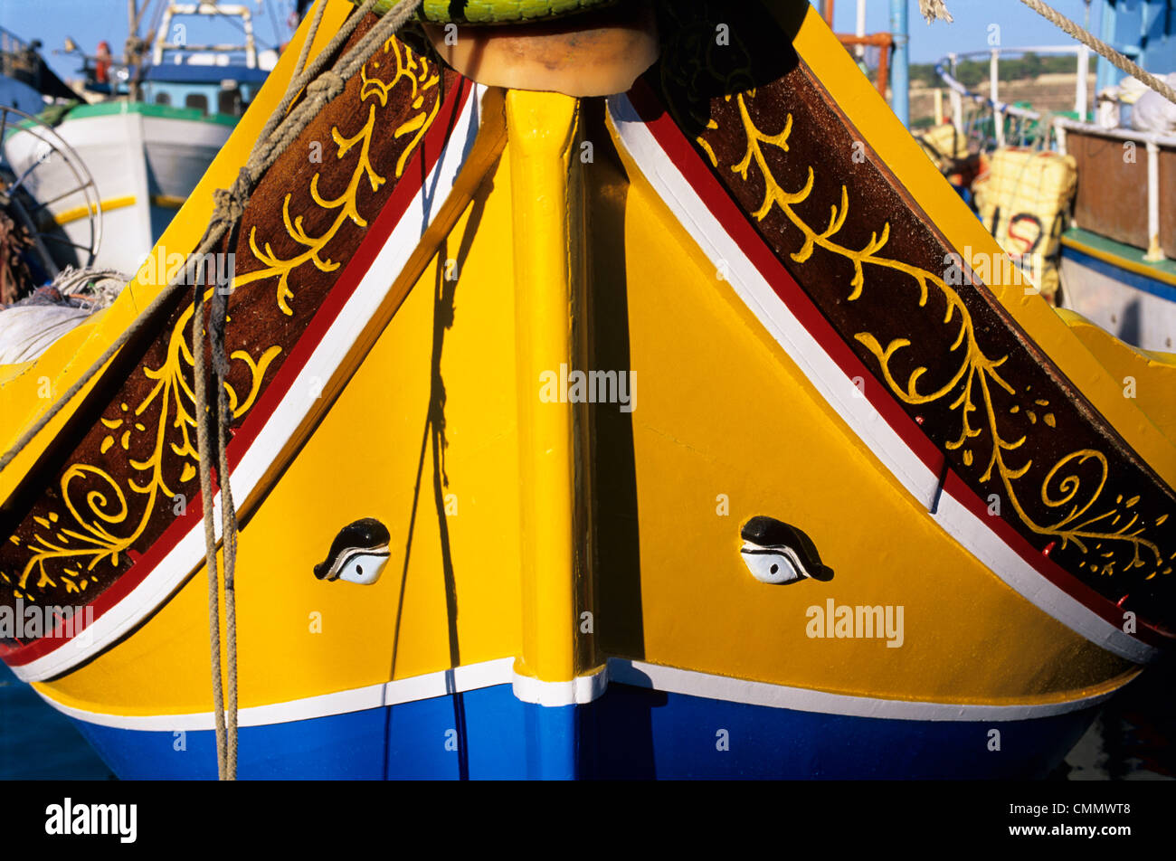 Bow of traditional Maltese Luzzu fishing boat with the Eye of Osiris ...