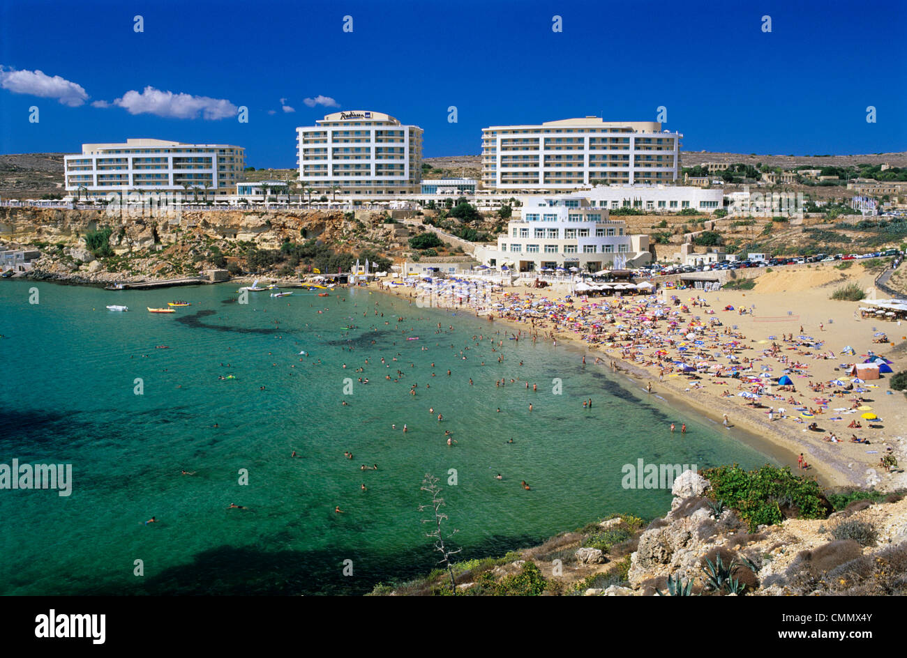 Sandy beach with Radisson SAS Hotel, Golden Bay, Malta, Mediterranean ...