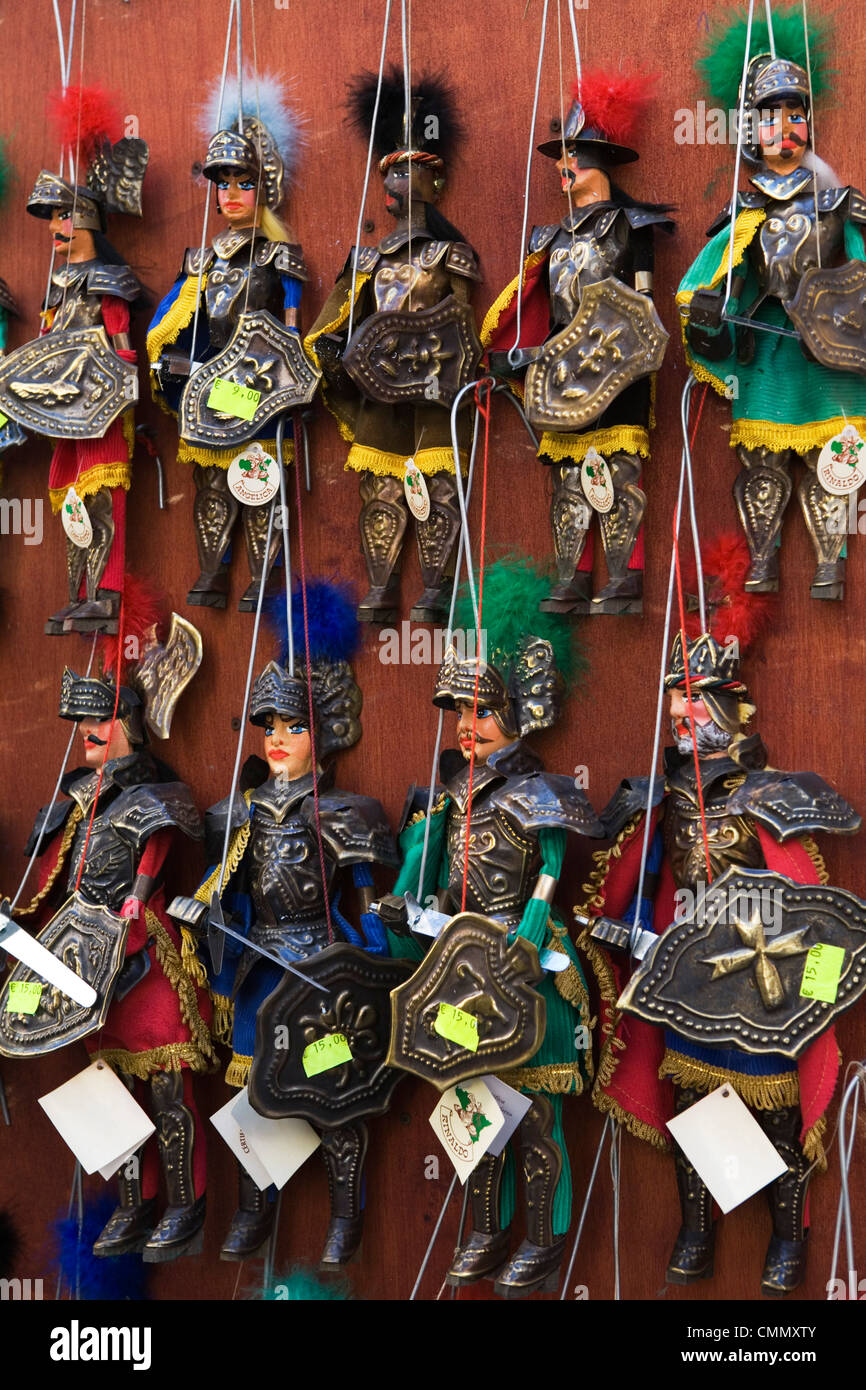 Traditional puppets in souvenir shop, Sicily, Italy, Europe Stock Photo ...