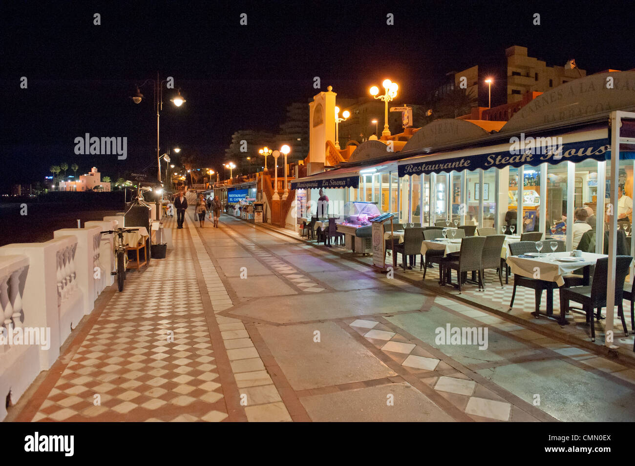 Seafront restaurants at Benalmadena Costa Del Sol taken at night in ...