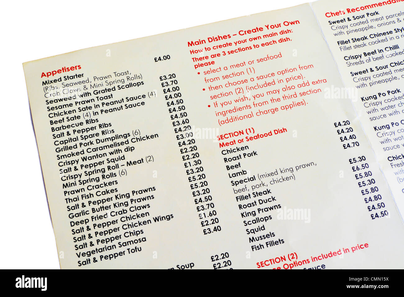 Chinese takeaway menu from an England based restaurant Stock Photo - Alamy