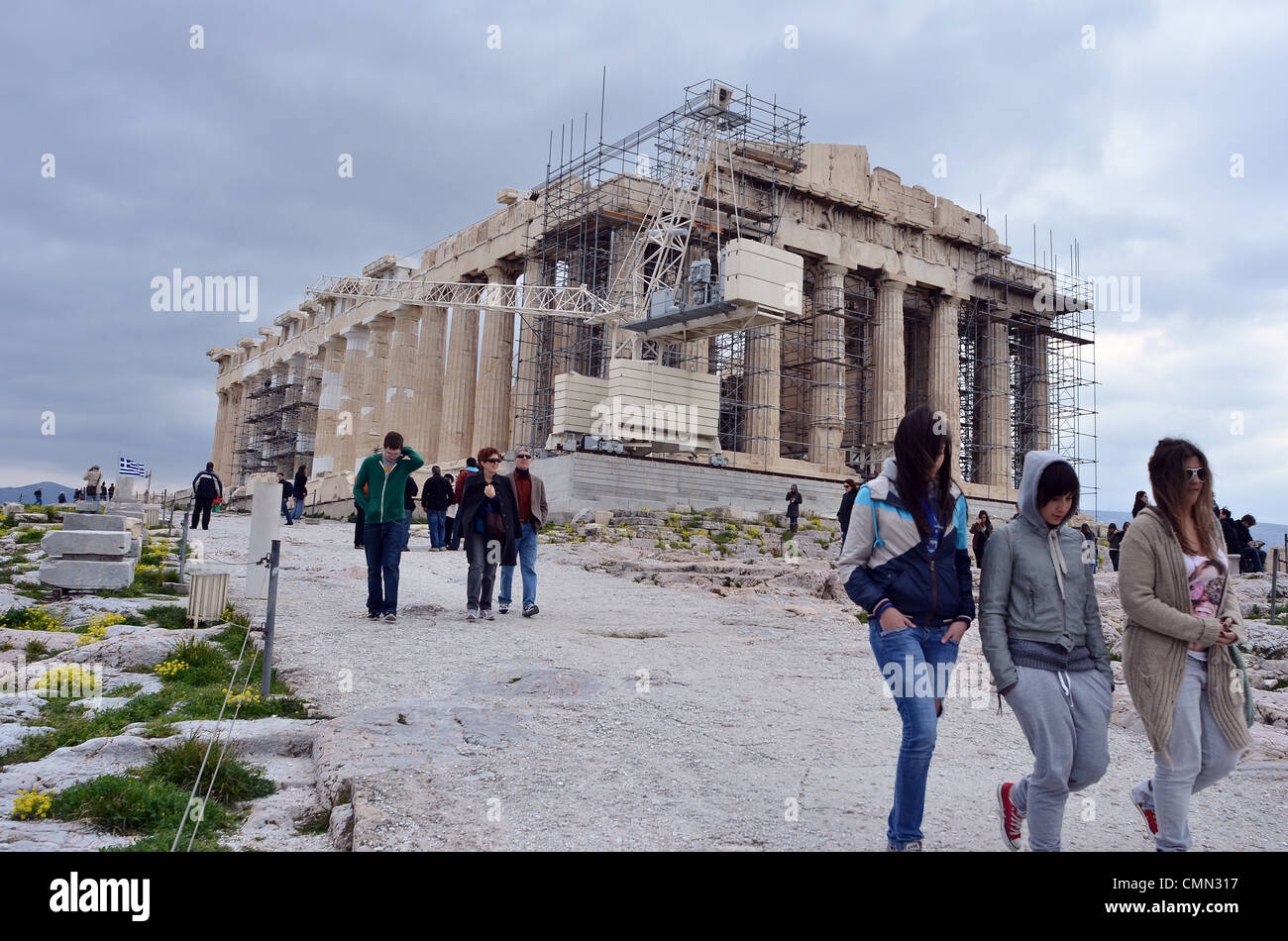 ancient temple Parthenon Acropolis Athens Greece with scaffolding under renovation Stock Photo ...