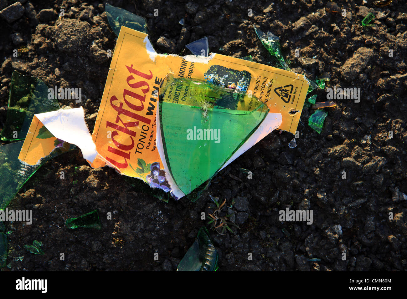 Broken glass from a Buckfast Tonic Wine Bottle Stock Photo - Alamy