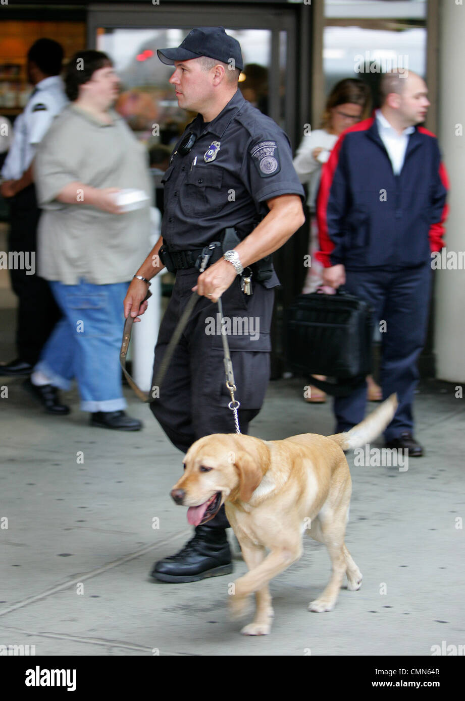 A police officer and bomb sniffing dog on patrol in South Station in ...