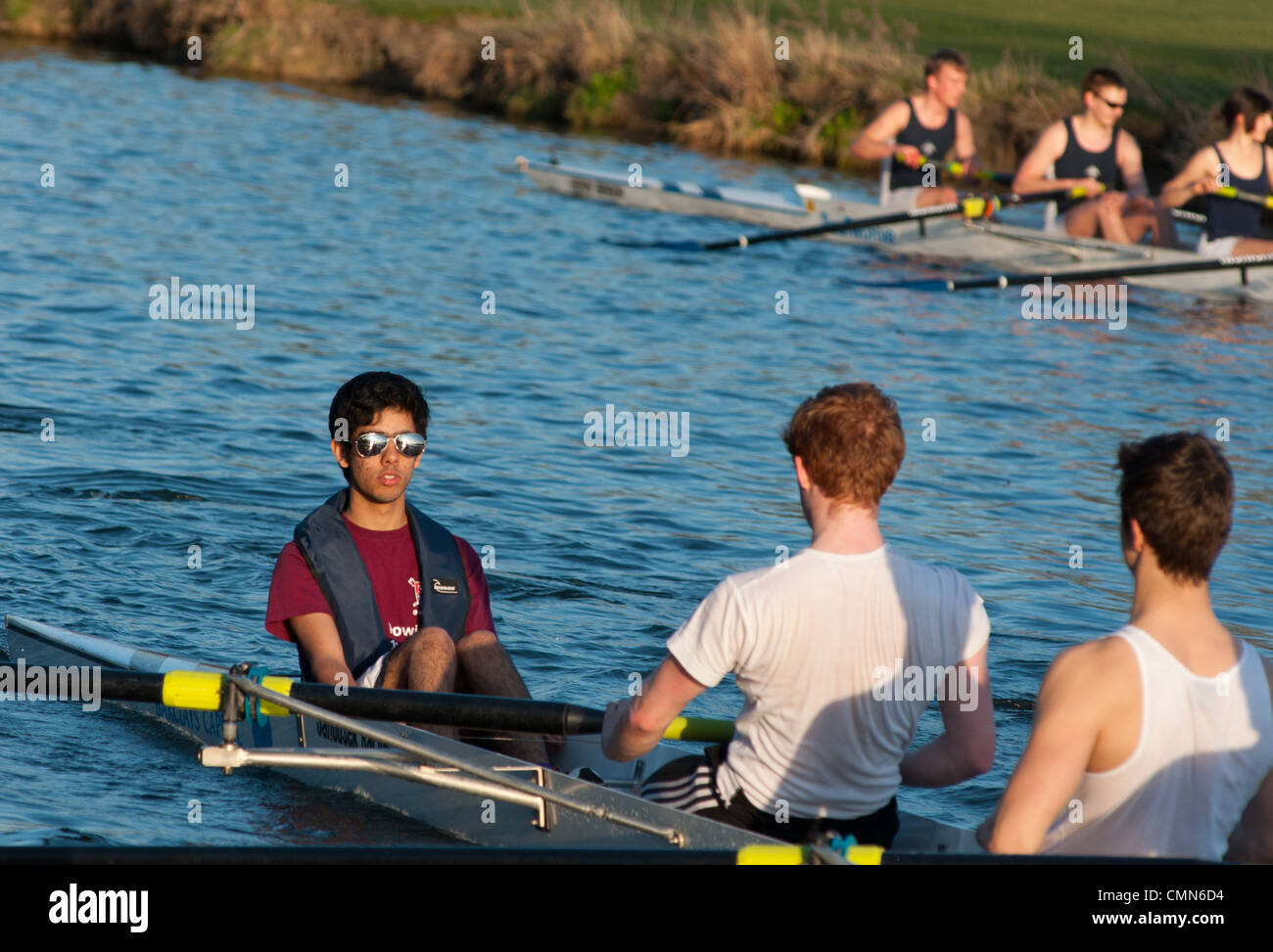 A Cox with his rowing team on the river Cam, Cambridgeshire Stock Photo ...