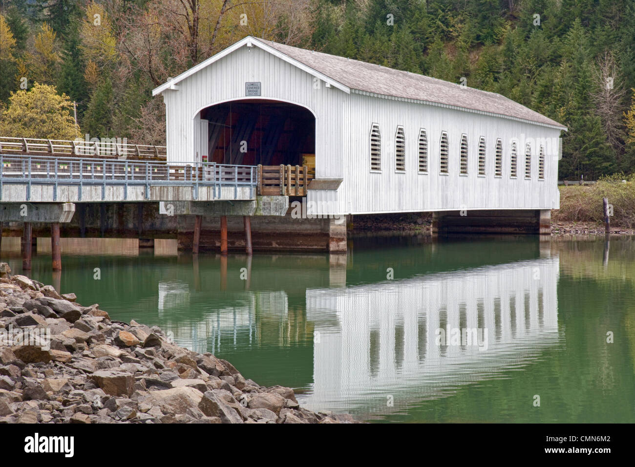 OR, Lane County, Lowell Covered Bridge, built in 1945, Middle fork of ...