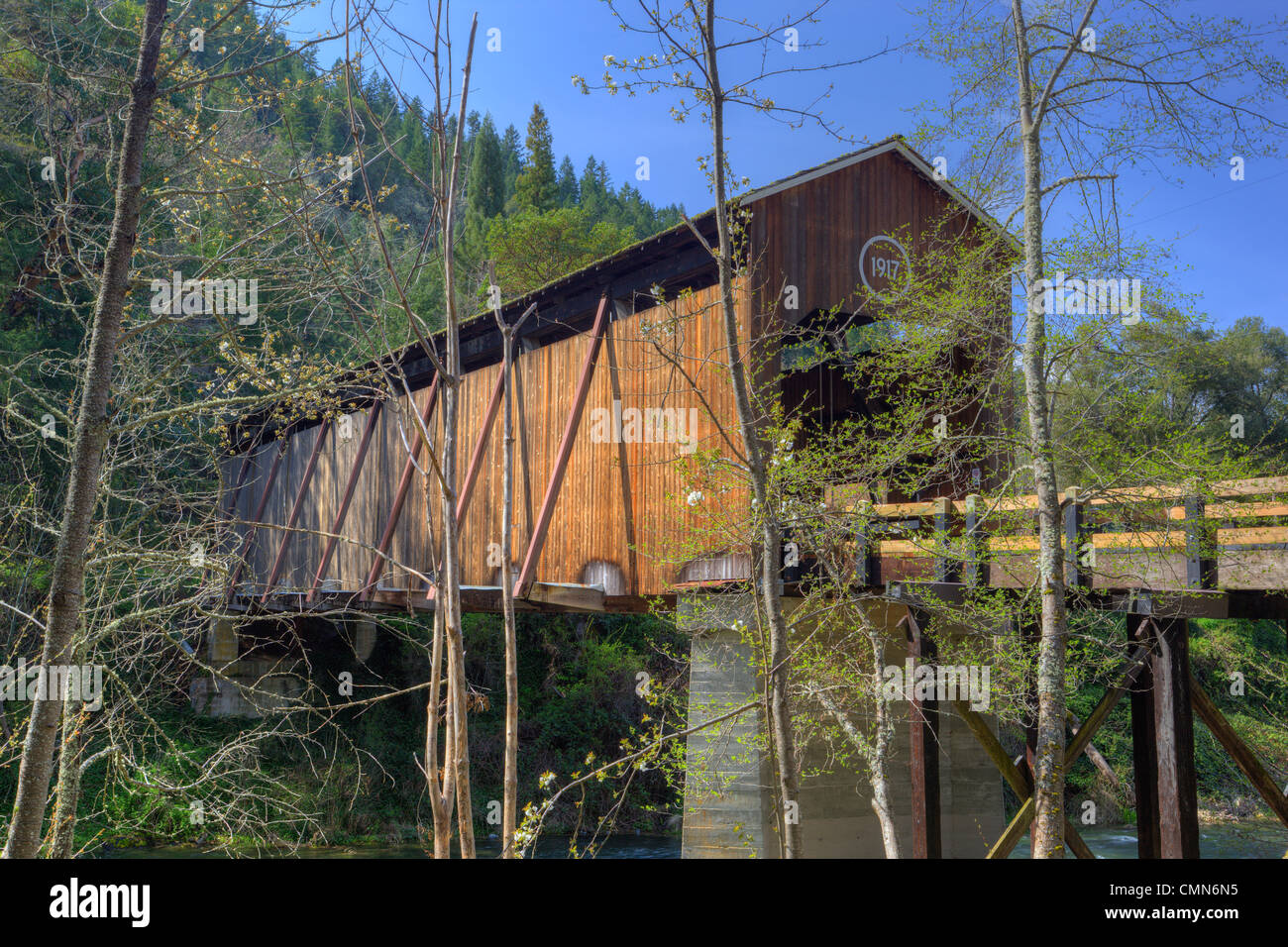 OR, Jackson County, McKee Covered Bridge, built in 1917, spans the ...