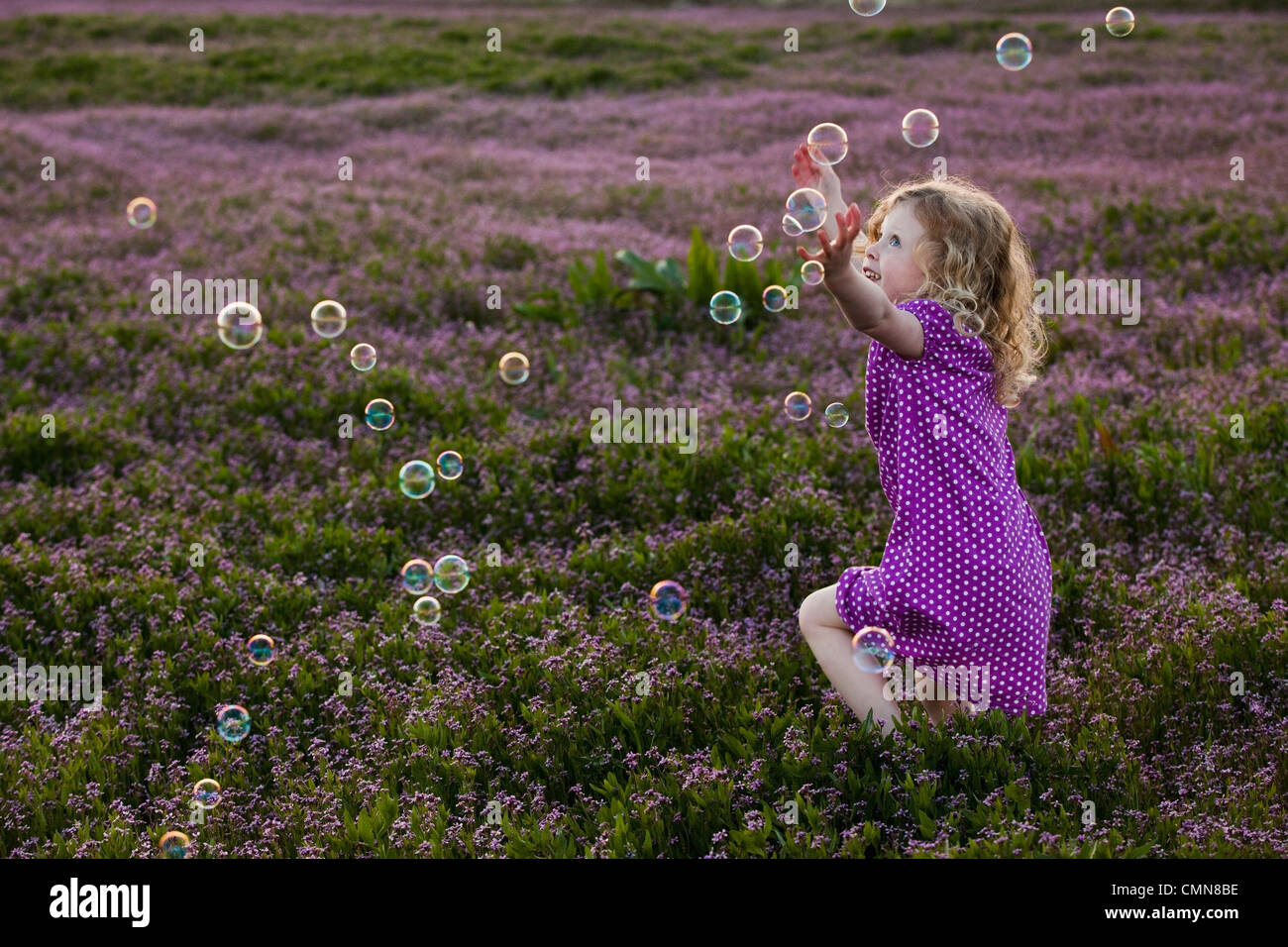 Caucasian girls chasing bubbles in field of flowers Stock Photo - Alamy