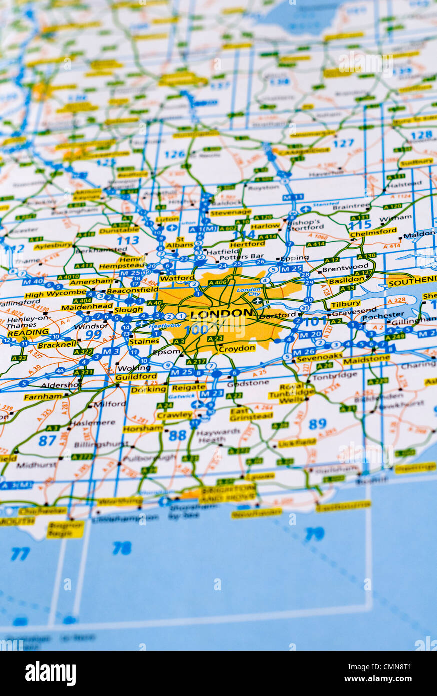 Close up of a map of England focused on London Stock Photo - Alamy